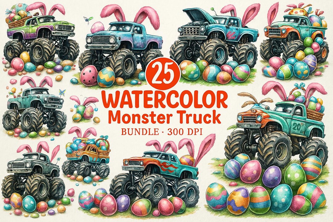 Easter Monster Truck Clipart Bundle PNG | 25 Cute Truck Designs | 300 ...