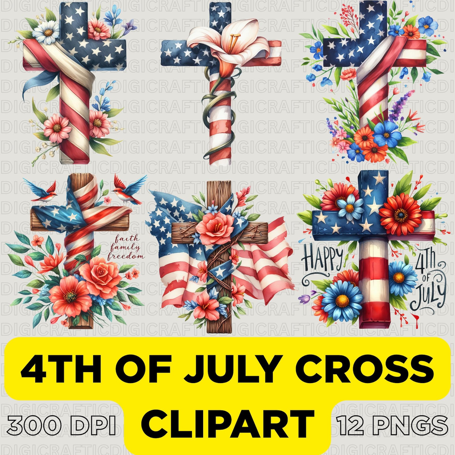 Watercolor 4th of July Christian Cross Clipart – 12 High-resolution PNG ...