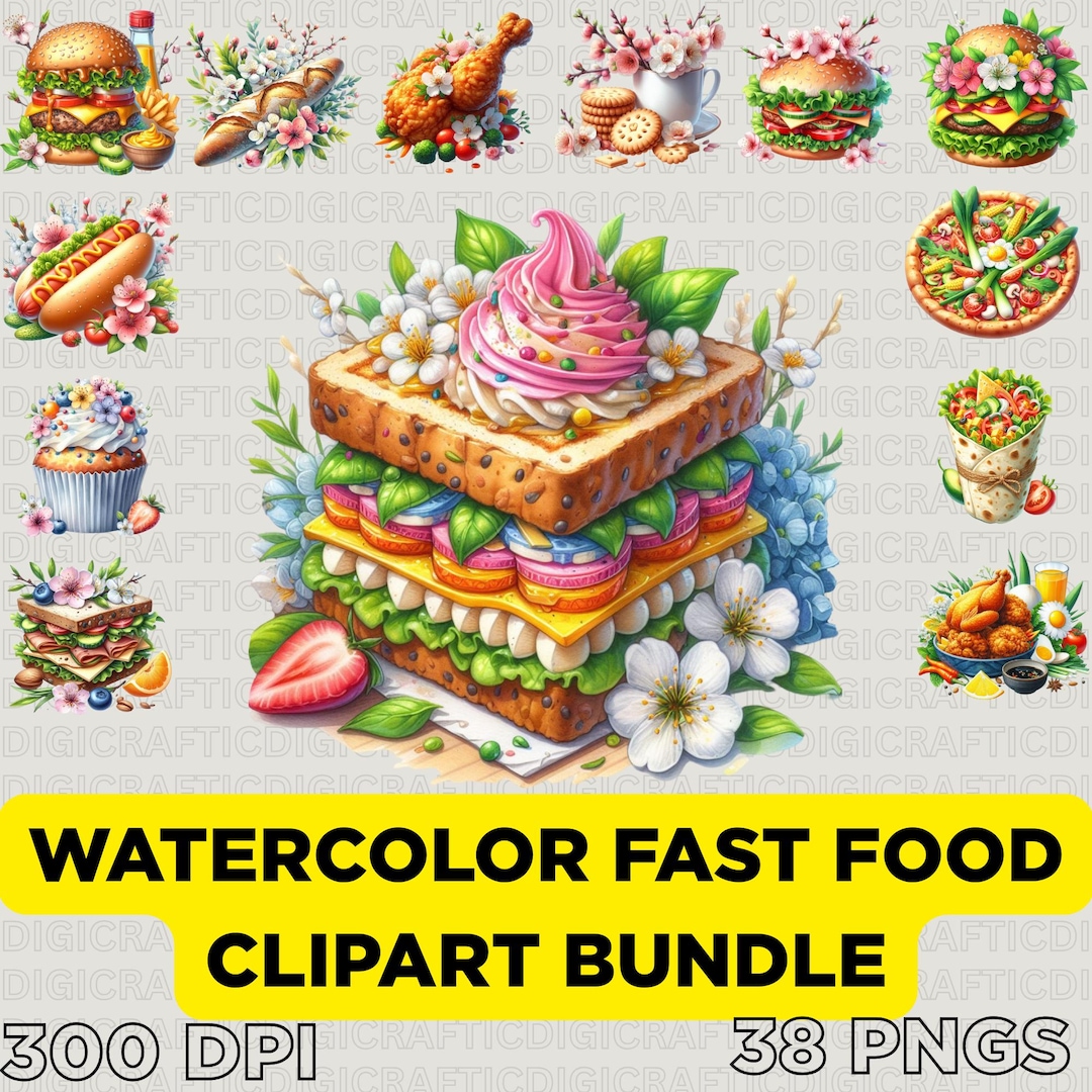 Watercolor Fast Food Clipart Bundle | 38 Pngs | Junk Food Illustration ...