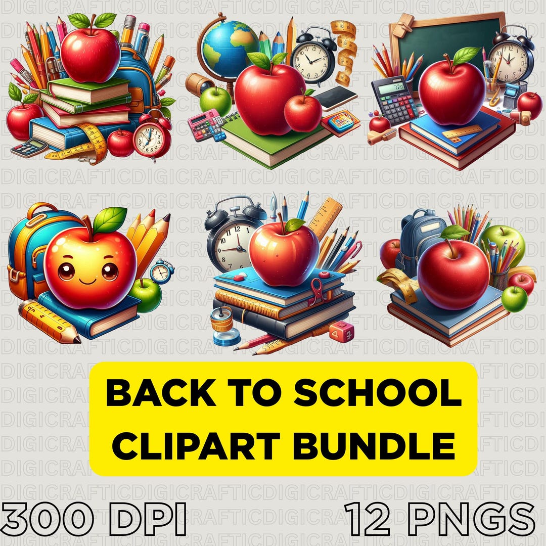 Back to School Clipart Bundle – 12 Pngs, Teacher Apple, Books, Clock ...