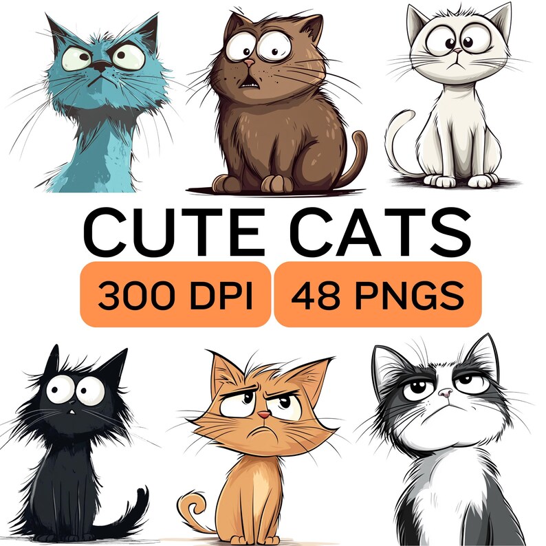 Quirky Cat Clipart PNG Whimsical Kitten Sublimation Clip Art Cute ...
