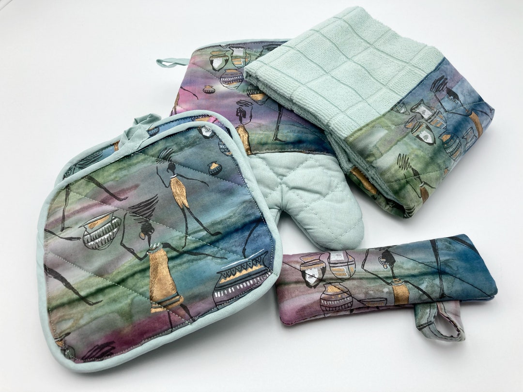 Handmade African Inspired Kitchen Set. Pot Holders, Oven Mitt, Towel ...