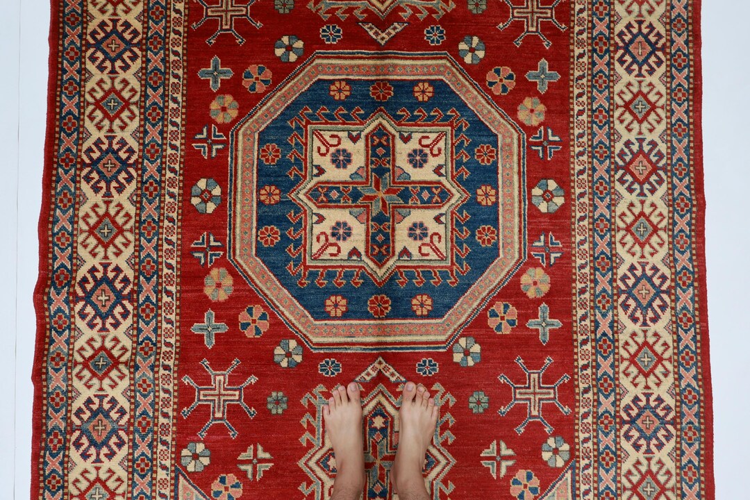 6x8 Geometric Red Area Rug, Afghan Hand Knotted Rug, Home & Livingroom ...
