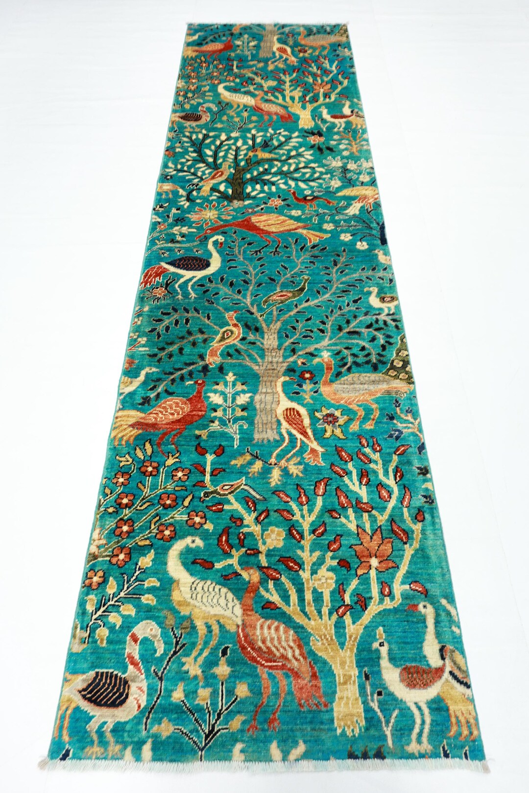 Pictorial Birds Turquoise Runner Rug, Hand Knotted Wool, Vegetable Dye ...