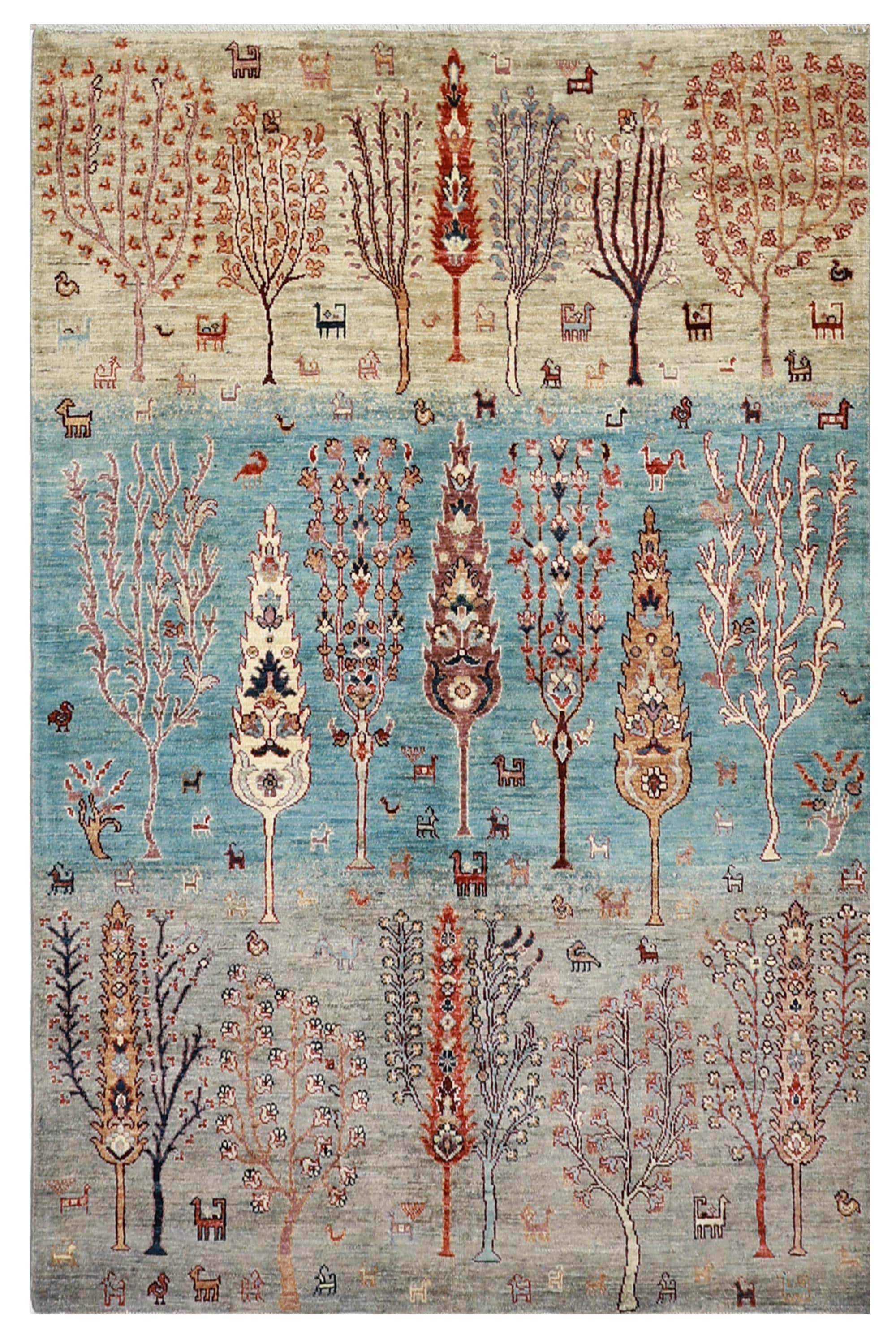 5x7 Ft Landscape Tree of Life Area Rug, Afghan Hand Knotted Rug ...