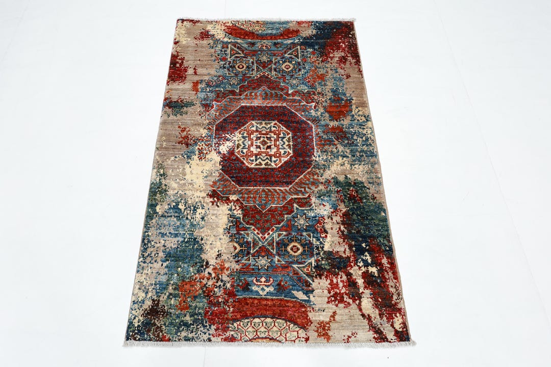 3x4 Ft Afghan Hand Knotted Veg Dye Wool Rug, Mamluk Abstract Oriental ...
