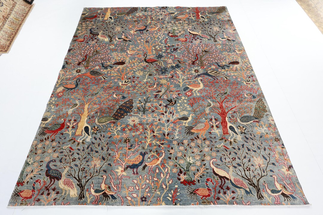 8x10 Birds Pictorial Gray Area Rug, Hand Knotted Veg Dyes Wool Rug, Rug ...