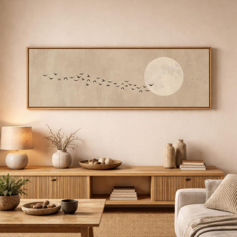 Minimalist Japandi Flying Birds Framed Canvas Print, Neutral Beige Full ...