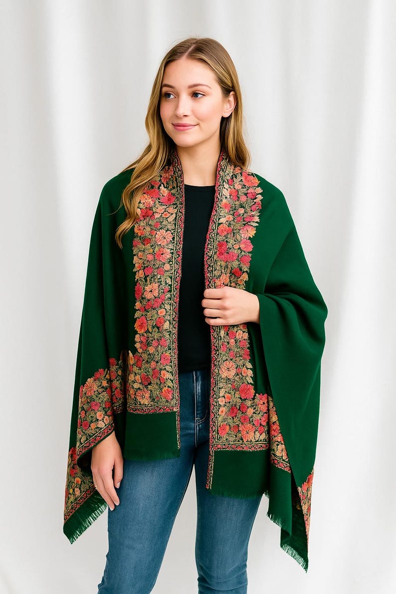 Emerald Green Pashmina Shawl With Hand Floral Embroidery | Full Size ...