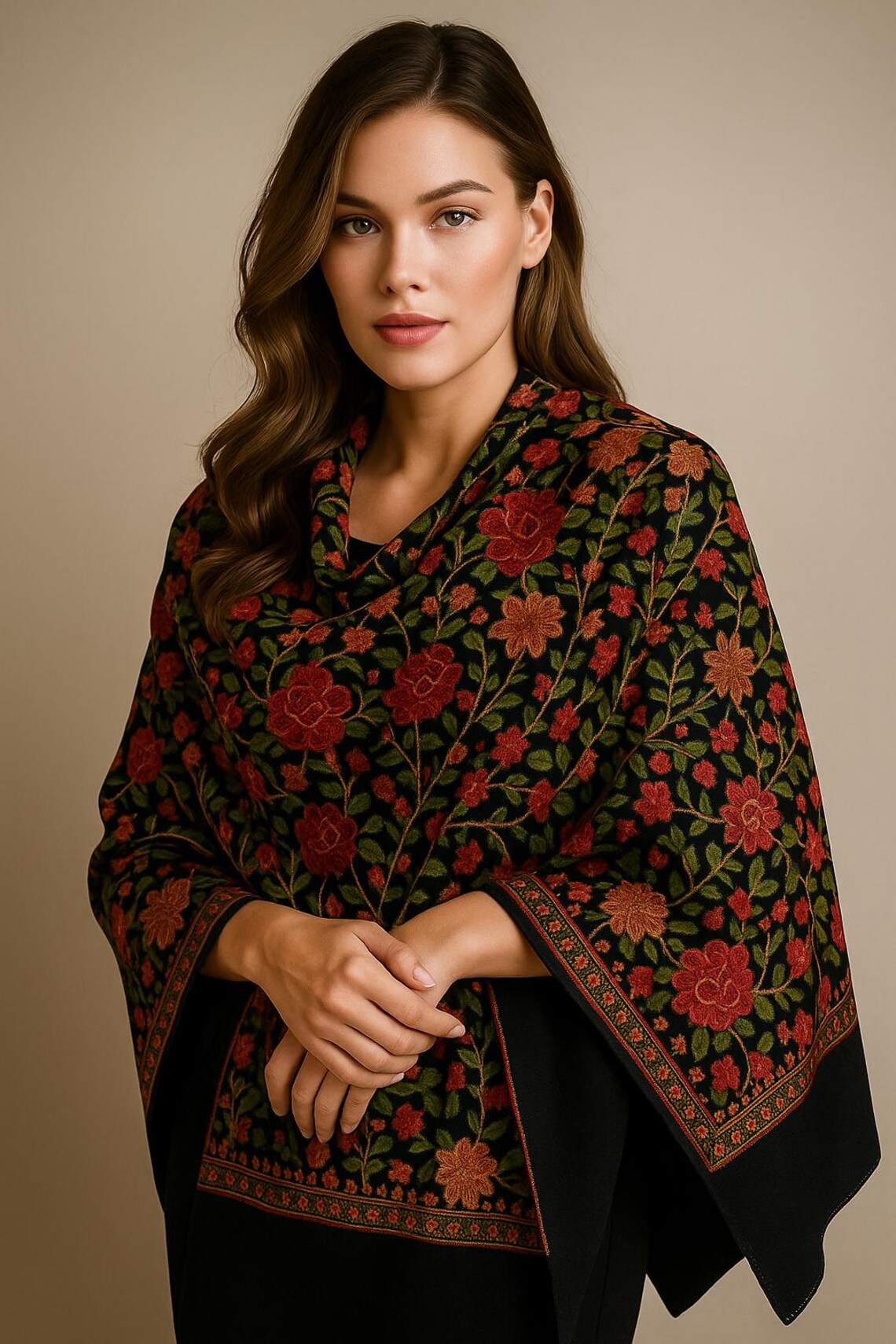 Hand Embroidered Black Pashmina Shawl: Kashmiri Floral Wool Wrap - Etsy