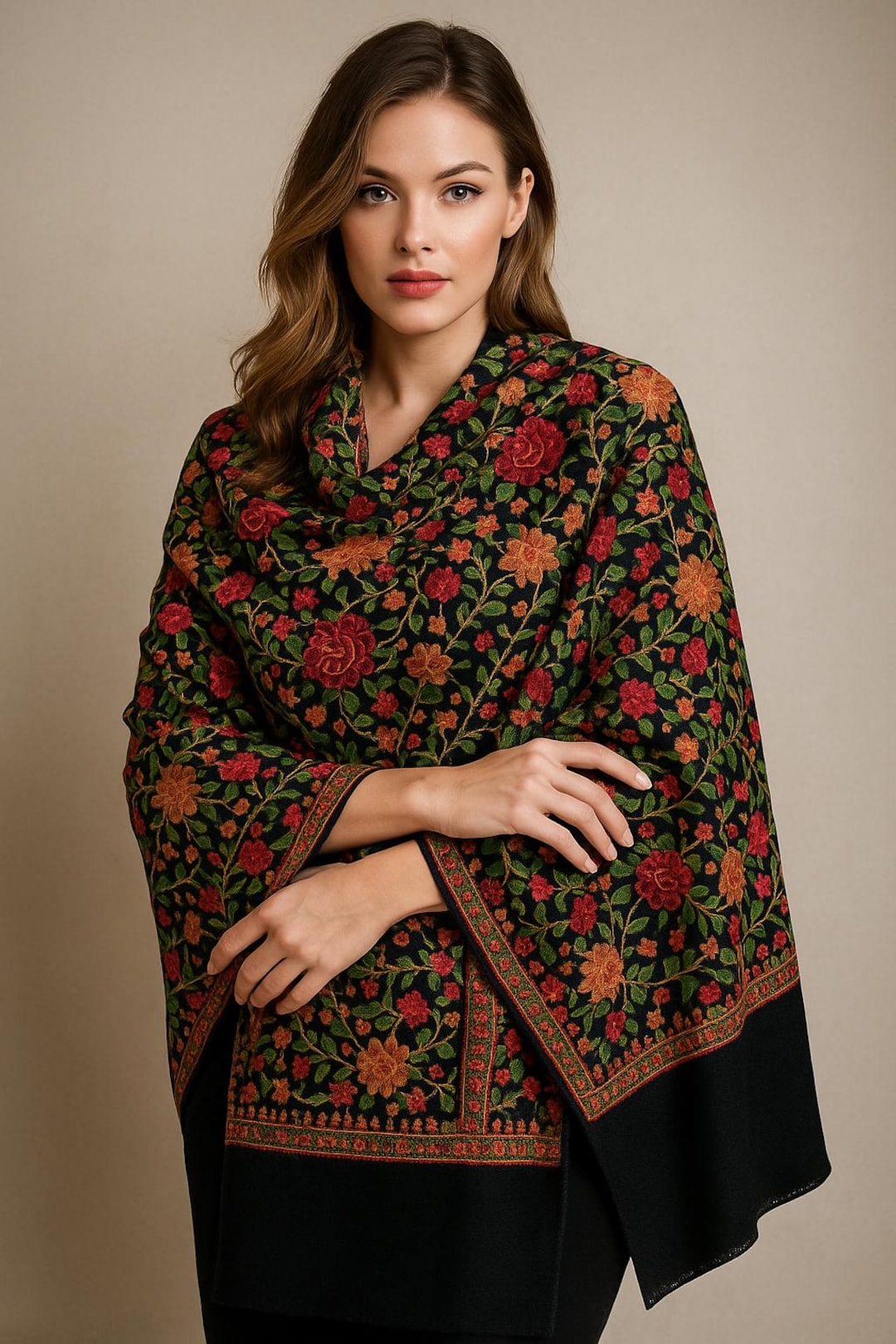 Hand Embroidered Black Pashmina Shawl: Kashmiri Floral Wool Wrap - Etsy