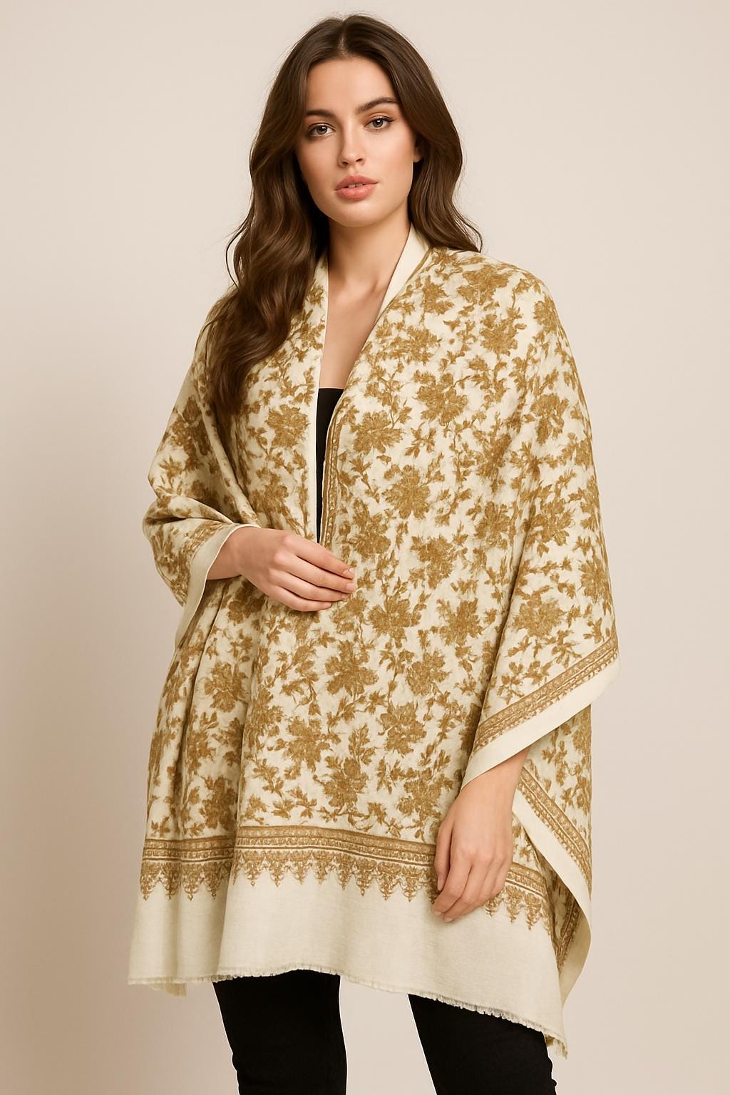 White Pashmina Shawl: Golden Embroidered Wool Blend Wrap - Kashmiri ...