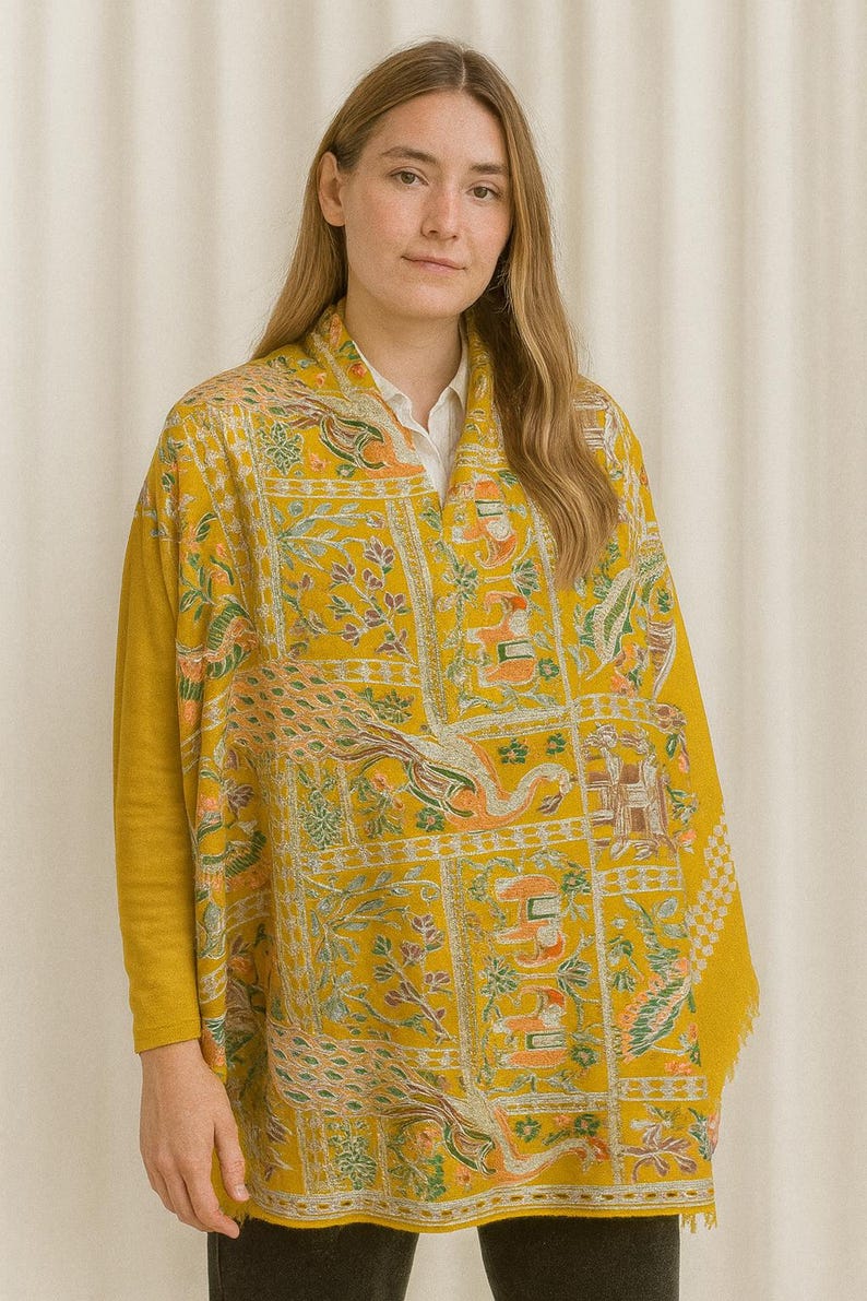 Mustard Yellow Kashmiri Pashmina Shawl With Peacock & Elephant Embroidery - Etsy Australia
