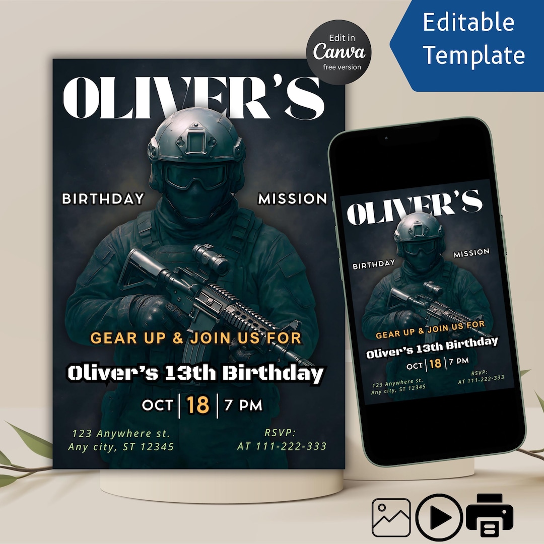 Editable Airsoft Birthday Invitation: Army Theme Party (digital ...