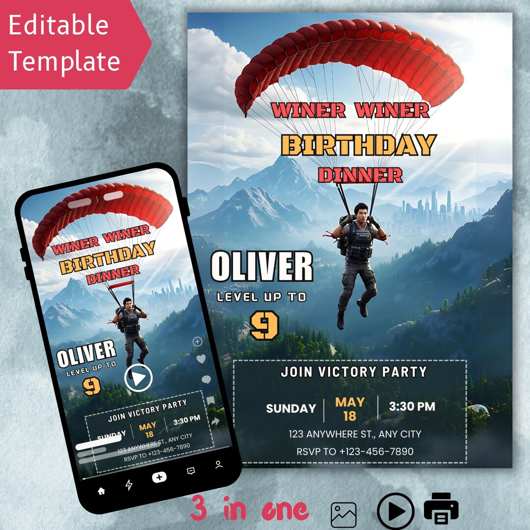 Fire Battle Royale Gamer Birthday Invitation: Editable Canva Template ...