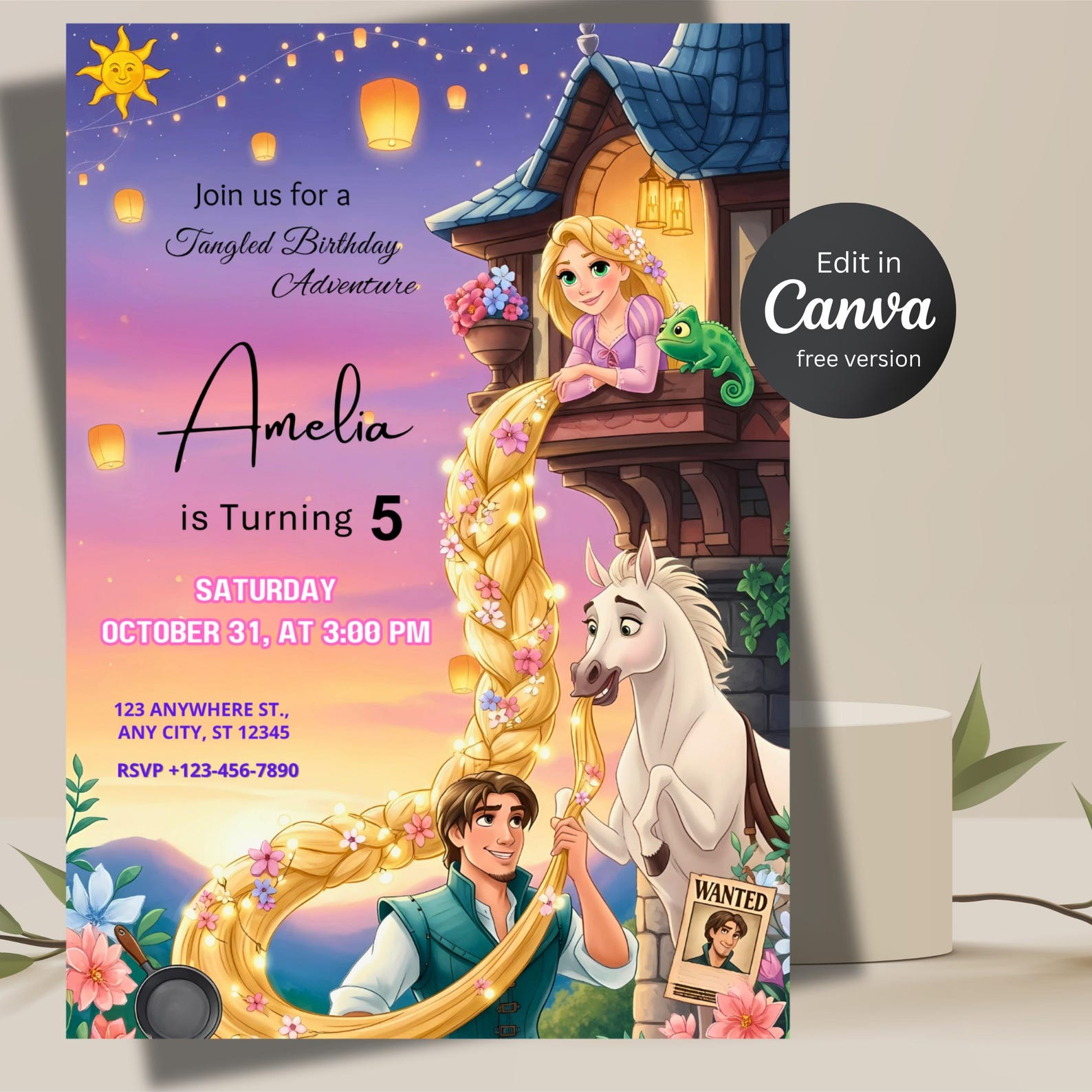 Tangled Rapunzel Birthday Invitation: Princess Party Canva Template ...