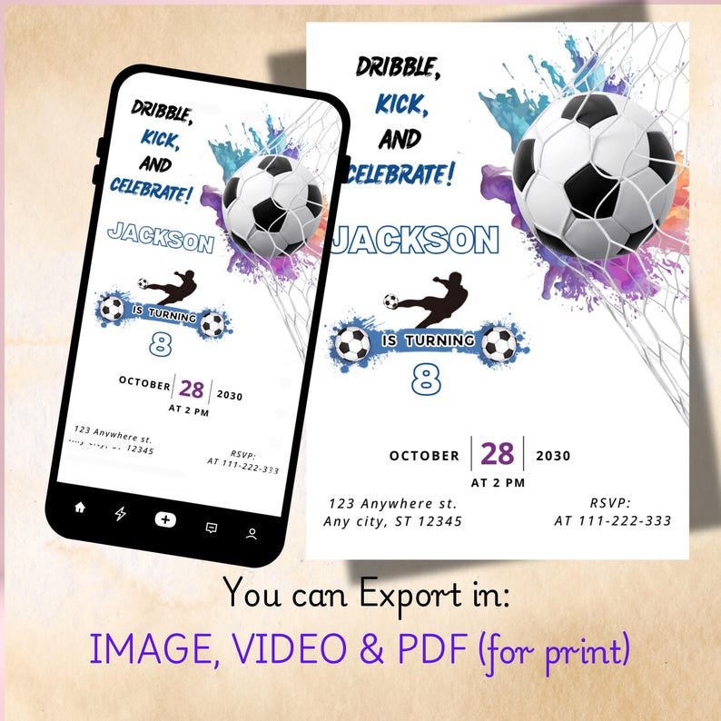 Soccer Birthday Invitation: 3-in-1 Party Pack (MP4 Video & Print ...