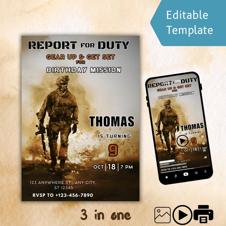 Army Birthday Invitation | Editable Canva War Theme Invite | Military ...