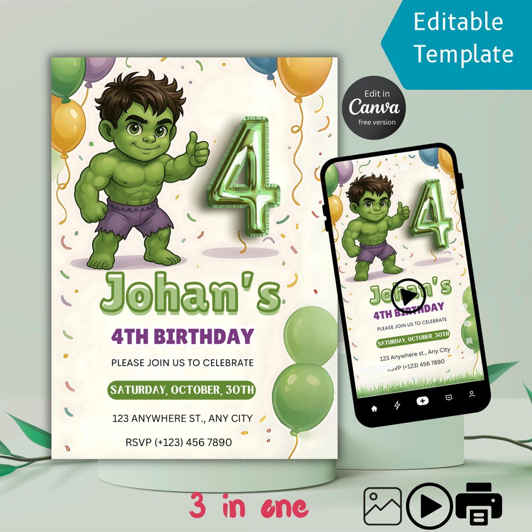 Hulk Birthday Editable Invitation: Super Hero Kids Party 4th Birthday ...