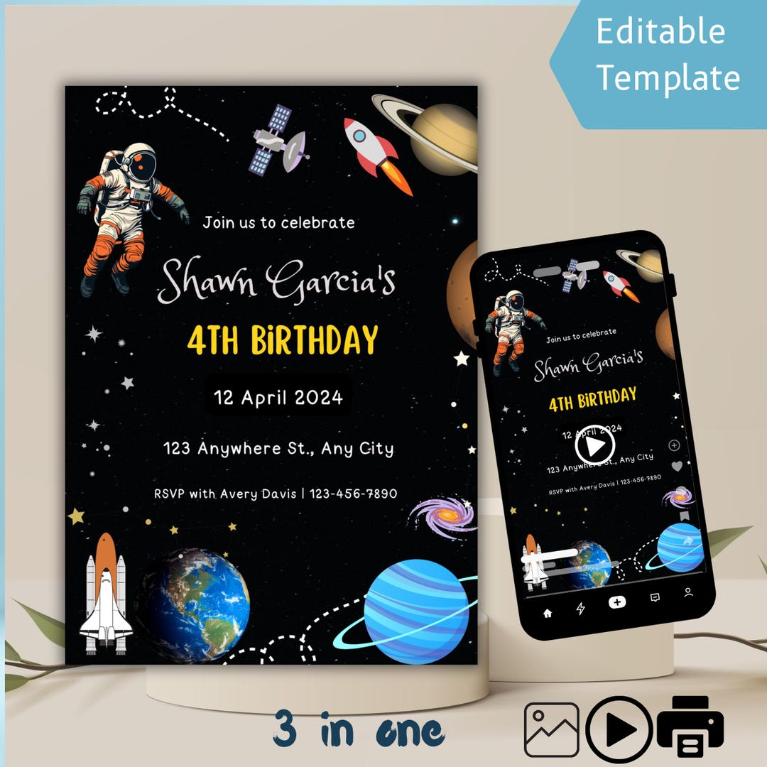 Outer Space Birthday Invitation Template: Editable Galaxy Theme, Video ...