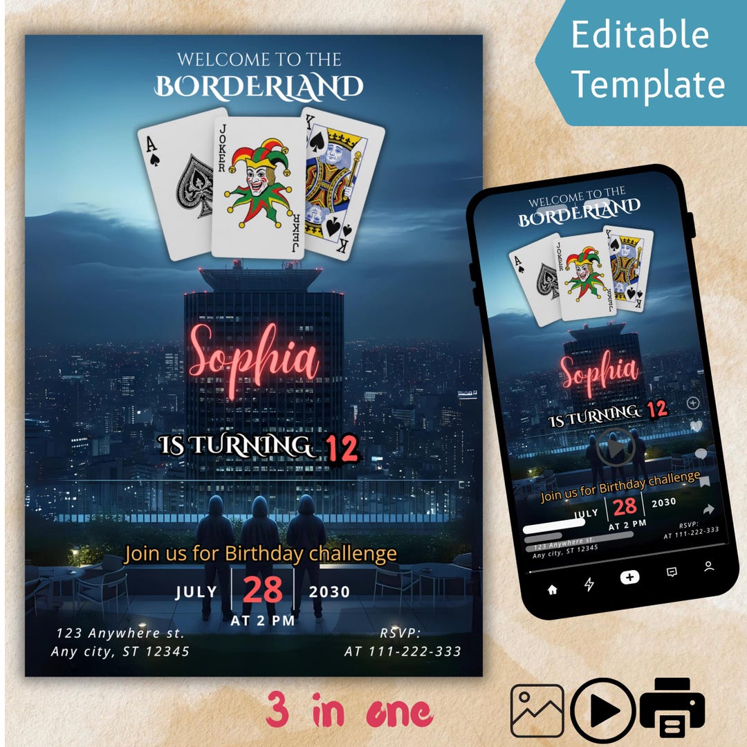 Cross in the Borderland Birthday Invitation: Survival Game Theme (A4 ...