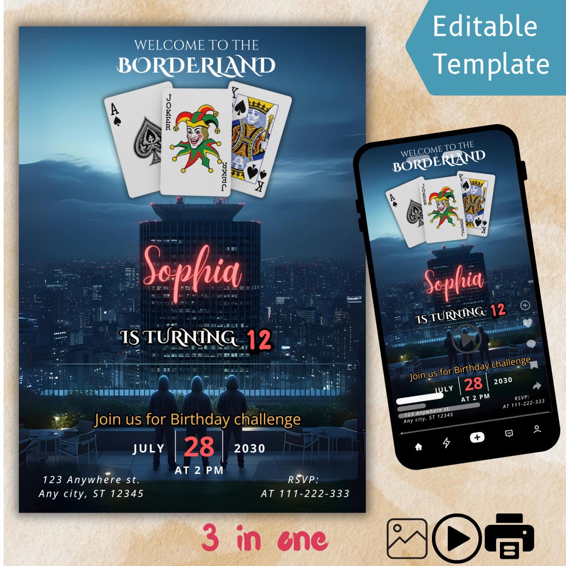 Cross in the Borderland Birthday Invitation: Survival Game Theme (A4 ...