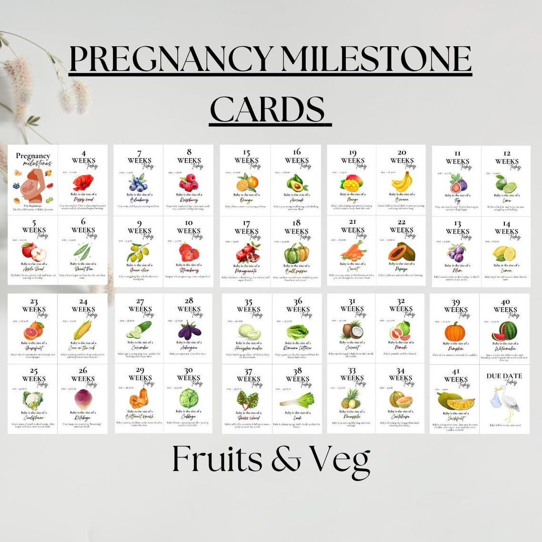 Printable Pregnancy Milestone Cards, Fruit & Vegs to Track Baby’s Size ...