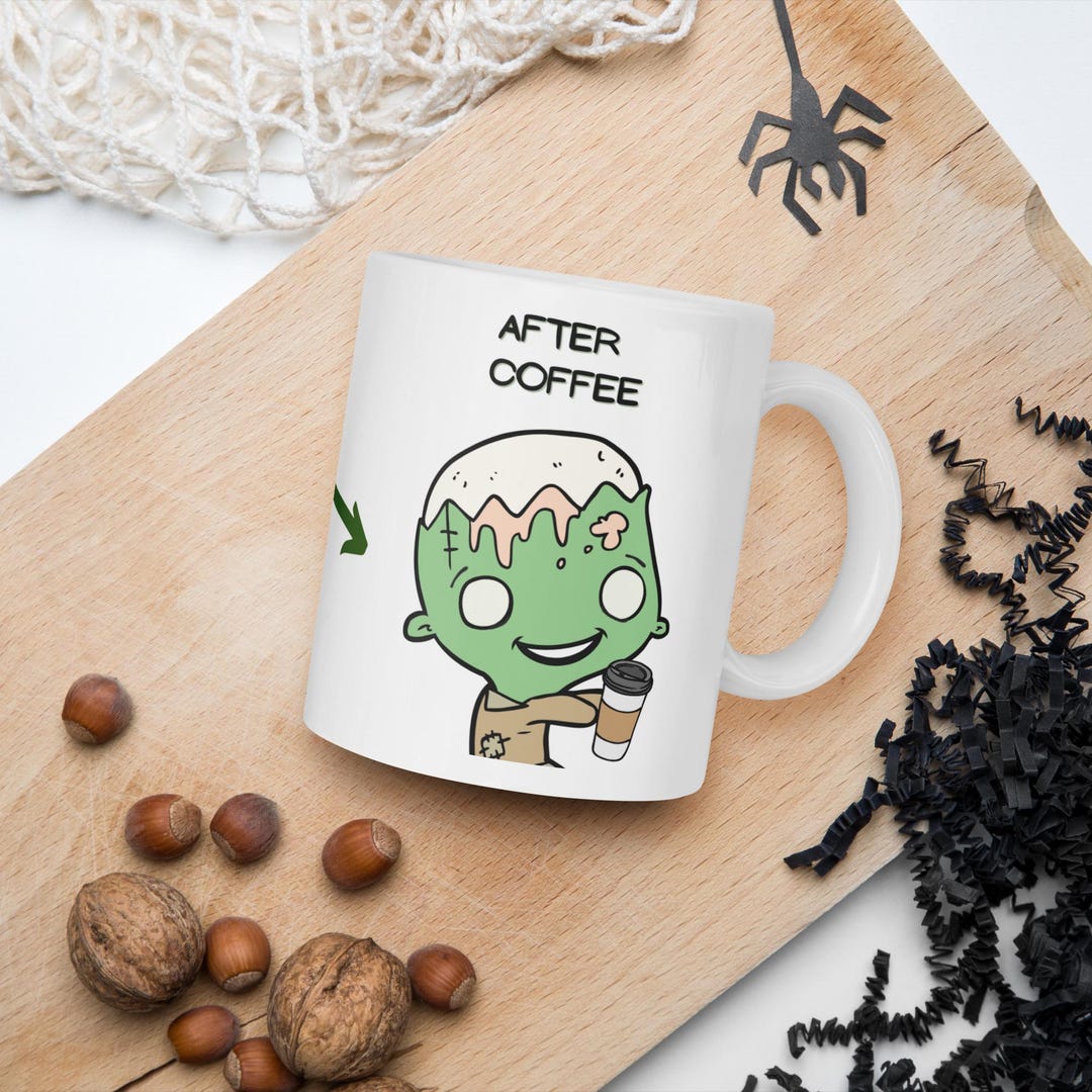 Funny Zombie Before and After Coffee White Glossy Mug Hilarious ...
