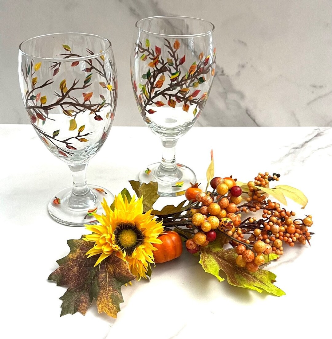 Water Goblet - Water Glass Fall Leaves Hand Painted - Etsy