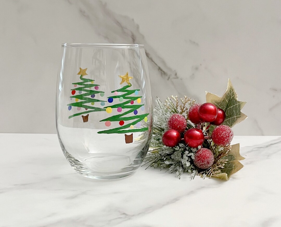 Stemless Wine Glass Christmas Trees Hand Painted - Etsy
