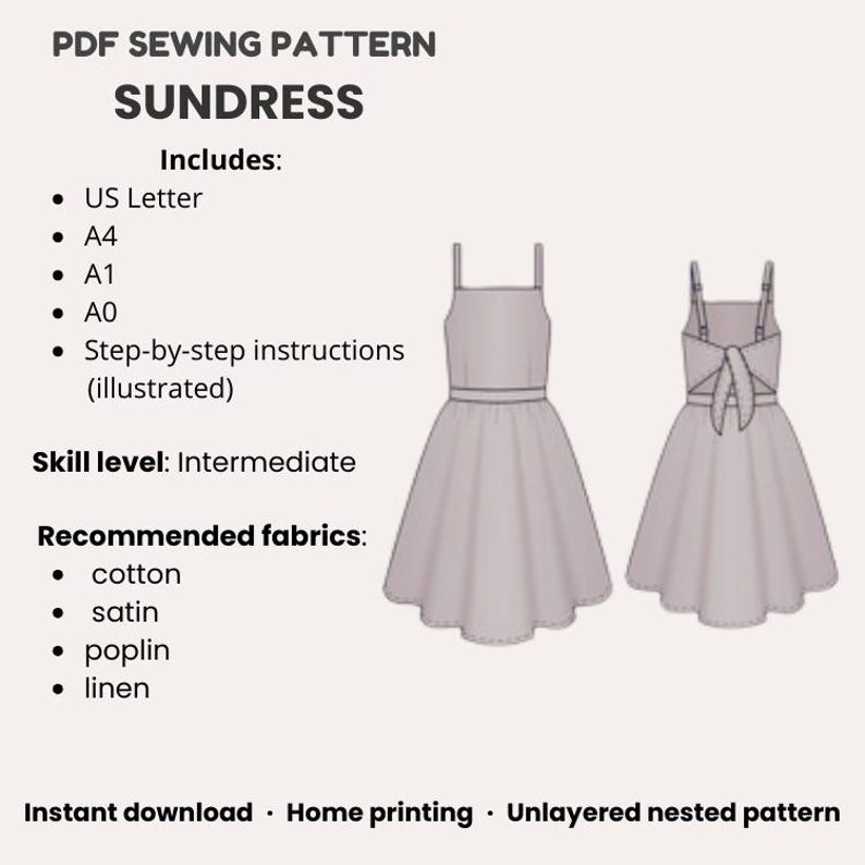 Girls Bow Back Sundress PDF Sewing Pattern: Sizes 6Y-12Y (A4/A0/A1 ...