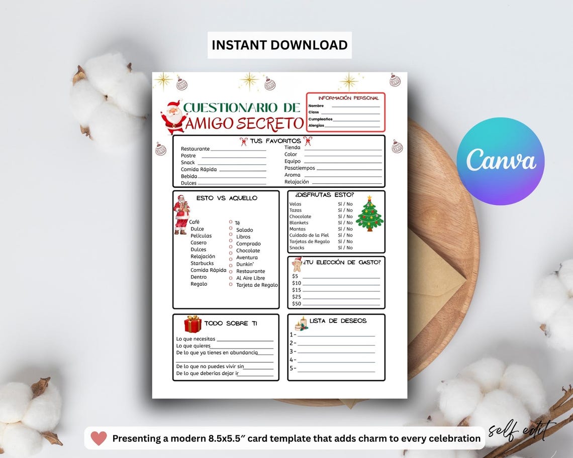 Editable Spanish Secret Santa Questionnaire, Christmas Gift Exchange ...