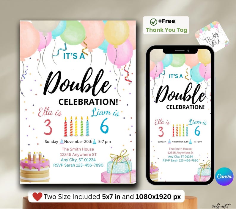 Joint Birthday Party Invitation, Editable Sibling Birthday Party ...