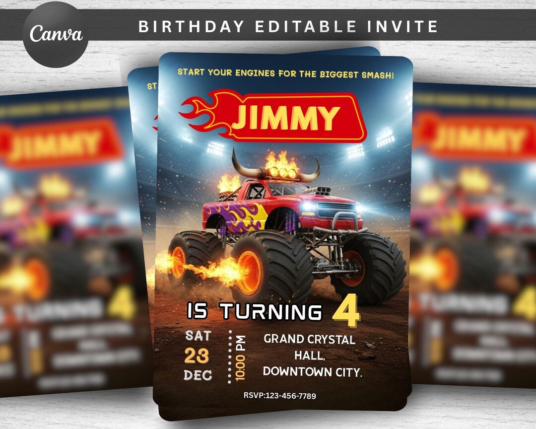 Editable Monster Truck Birthday Invitation, Hot Toro & Off-road Rally ...