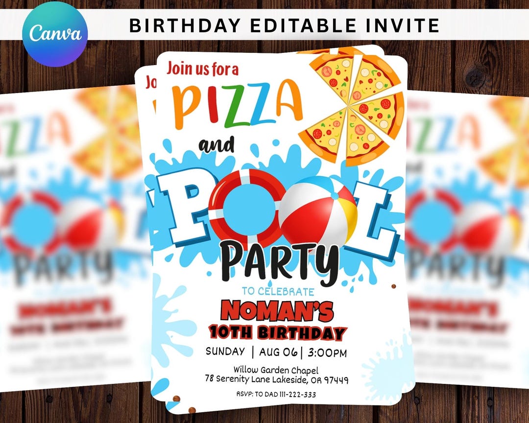 Editable Pizza Pool Party Invitation, Kids Swimming Birthday Invite ...