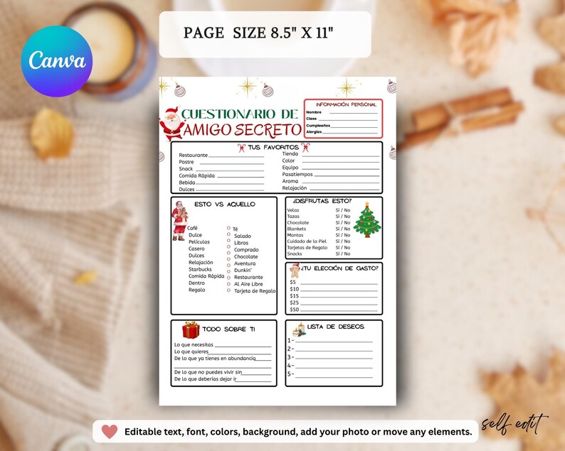 Editable Spanish Secret Santa Questionnaire, Christmas Gift Exchange ...