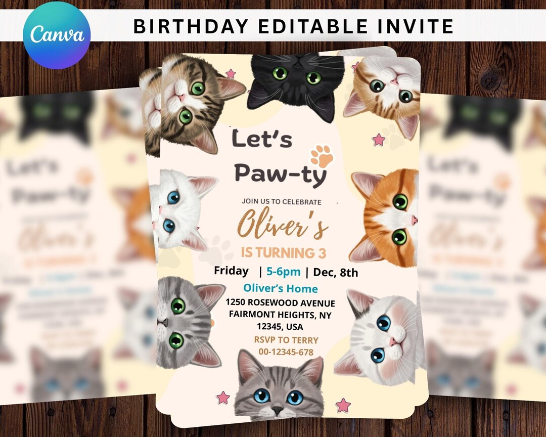 Editable Cat Birthday Invitation, Are You Kitten Me Right Meow, Kitty ...