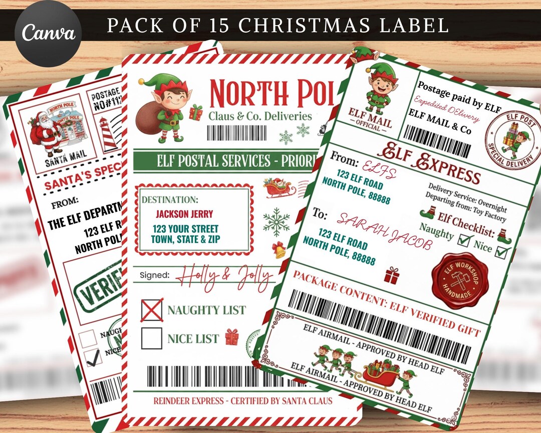 Set of 15 Editable Elf Shipping Label, Elf Arrival Package Label, Santa ...