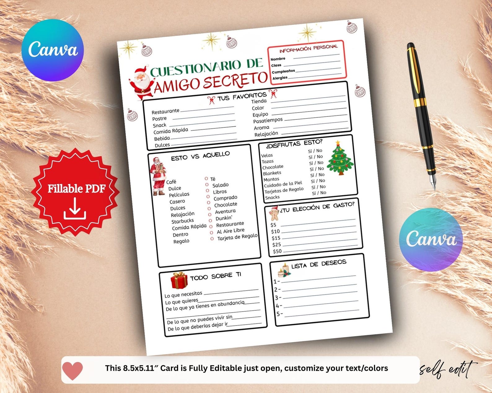 Editable Spanish Secret Santa Questionnaire, Christmas Gift Exchange ...