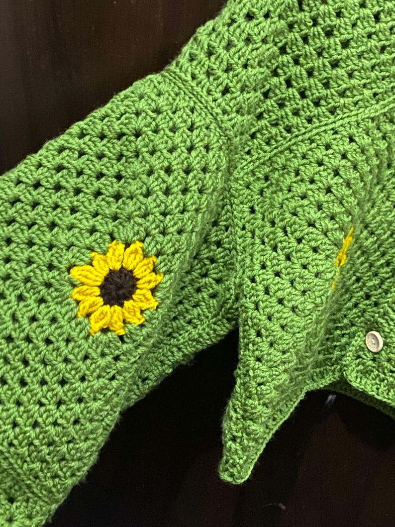Green Crochet Sunflower Cardigan | Boho Puff Sleeve Sweater ...