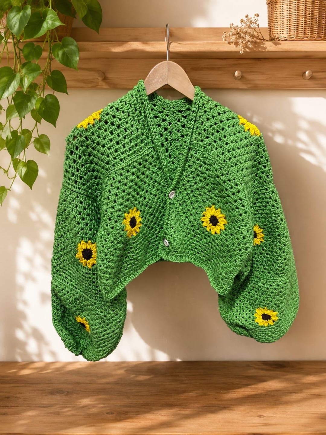 Green Crochet Sunflower Cardigan | Boho Puff Sleeve Sweater ...