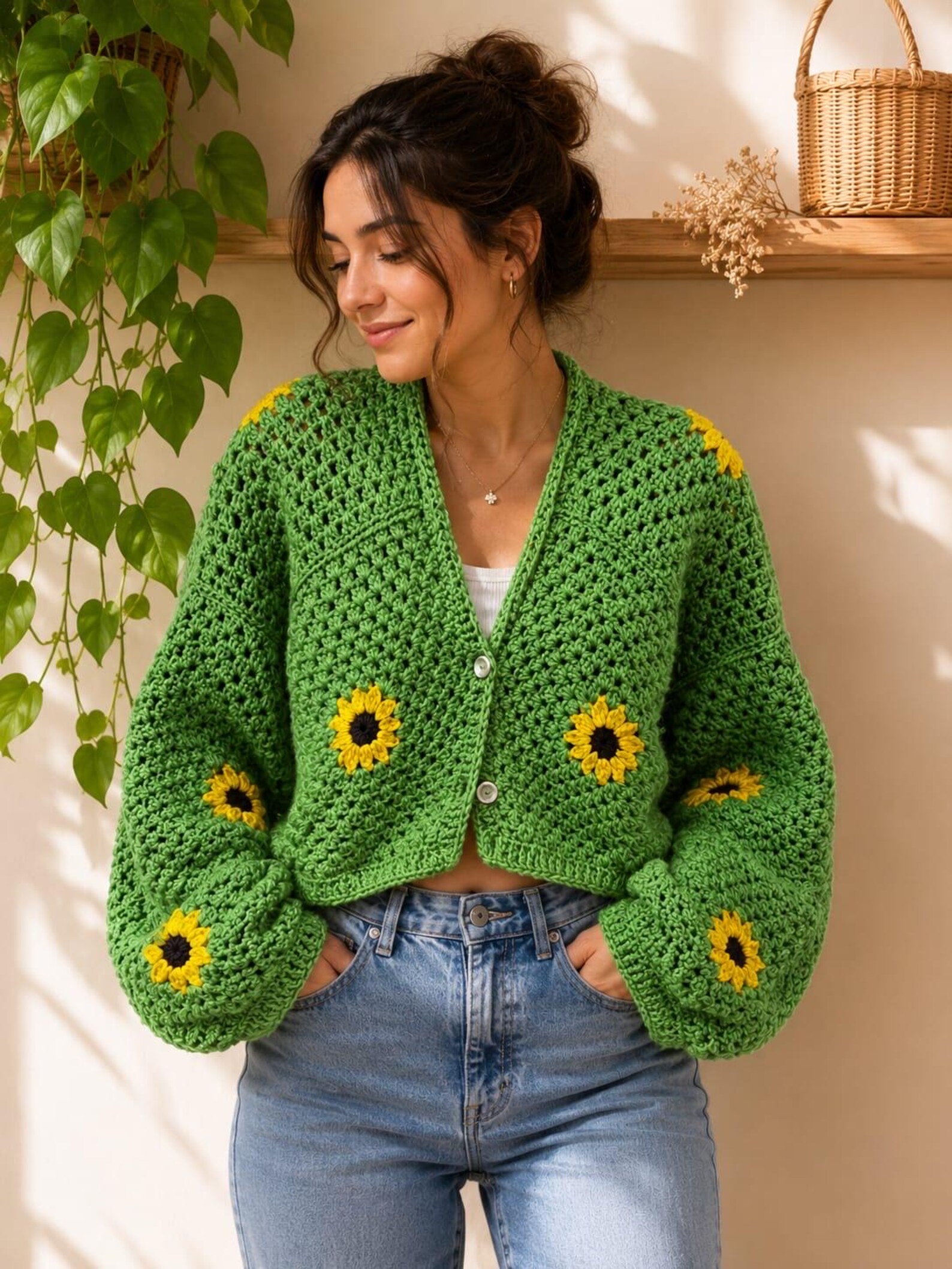 Green Crochet Sunflower Cardigan | Boho Puff Sleeve Sweater ...