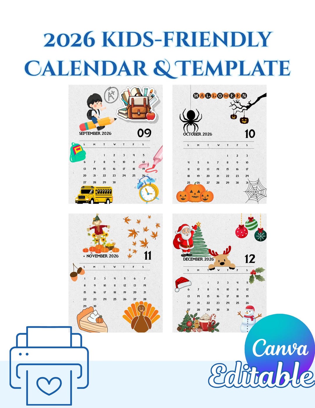 2026 Kids Calendar Printable, Colorful Family Calendar, Editable ...