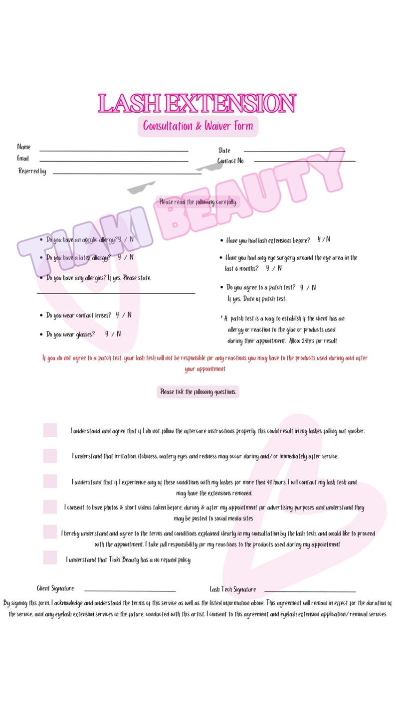 Lash Form Client Forms Waiver/ Consultation Client Records Forms Beauty ...