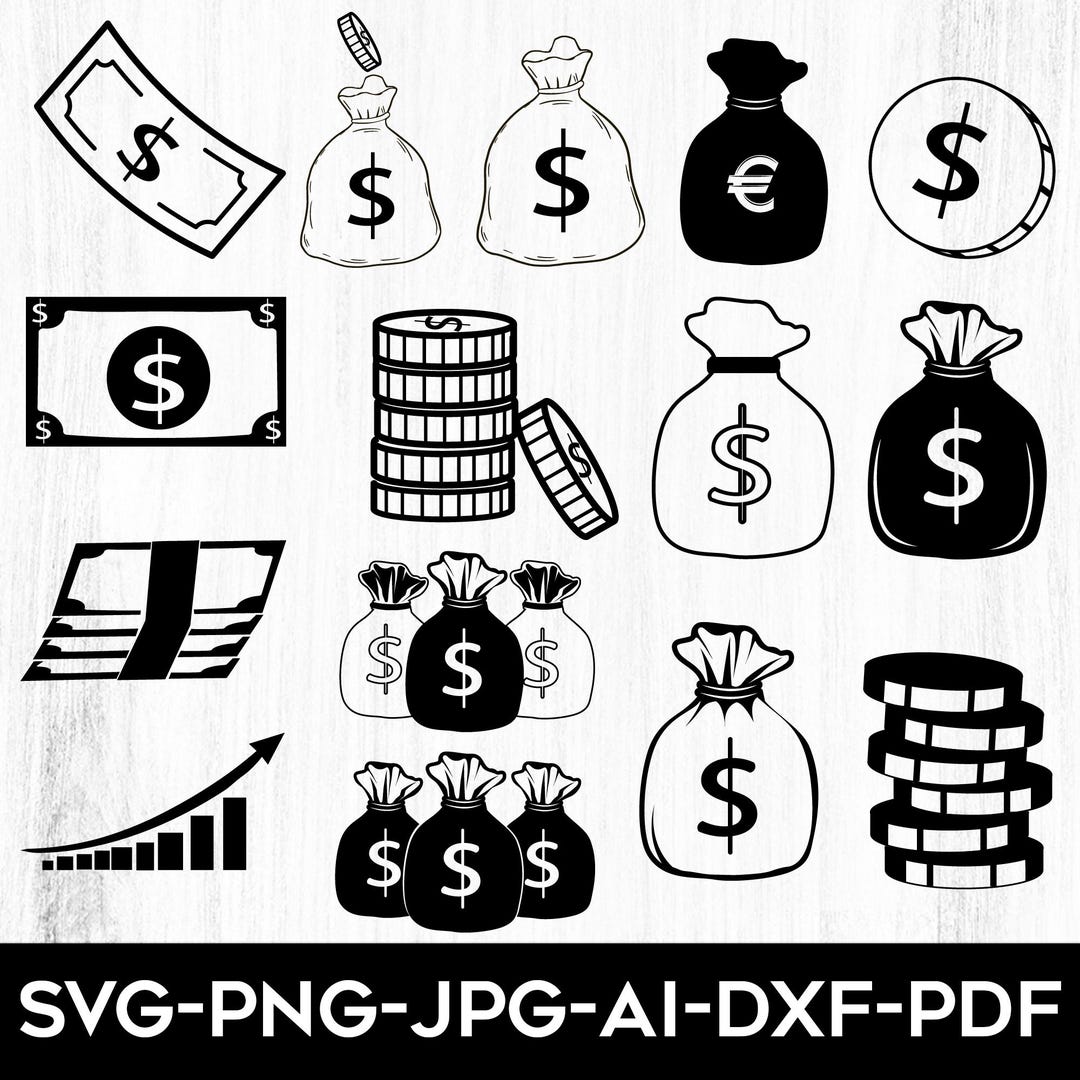 Money SVG Bundle: Dollar Sign, Cash, Money Bag Clipart (digital ...