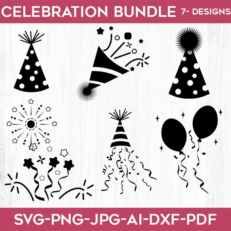 Celebration SVG Bundle: Party Hats, Balloons, Confetti (digital ...