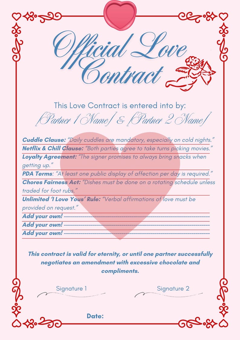 Personalised Love Contract Printable –funny & Romantic Agreement for ...