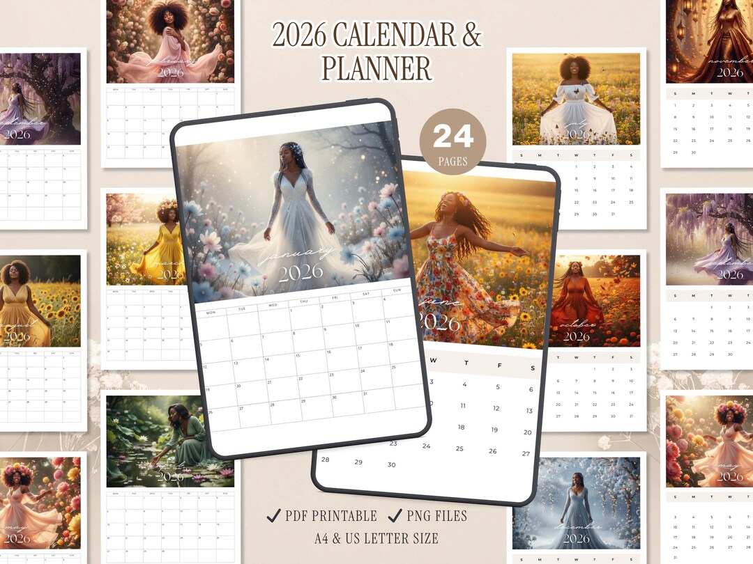2026 Whimsical Goddess Calendar, Afro Women, Floral Wall Art (printable ...