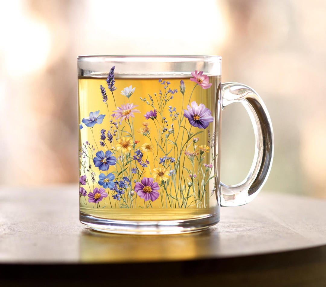 Wildflower Mug Glass, Boho Wildflowers Clear Glass Mug, Flowers Mug ...