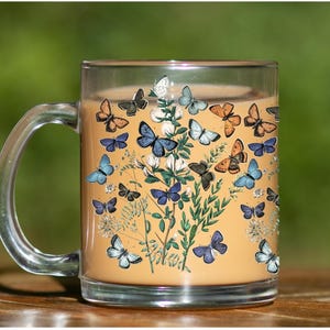 Butterfly Glass Mug, Butterfly Moth Cup, Botanical Collage Coffee Mug ...